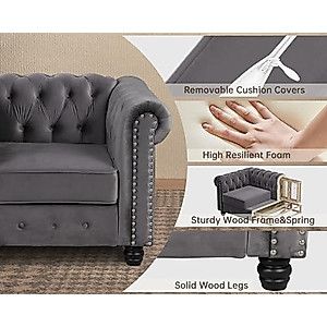 Morden Fort Classic Chesterfield Loveseat Set 60'', Tufted Loveseat Sofa Set with Solid Wood Legs Thick Cushion, Pet-Friendly 2-Seater Sofa Couch for Living Room Bedroom Apartment - Velvet Grey