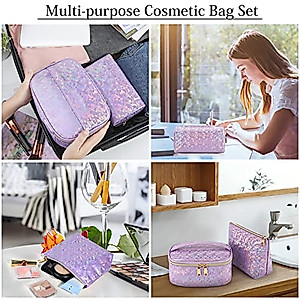 Lubardy Makeup Bag Leather Cosmetic Bag Waterproof Makeup Pouch Portable Makeup Travel Bag Multifunctional Cosmetic Organizer Bag for Women, 3-Pack, Purple