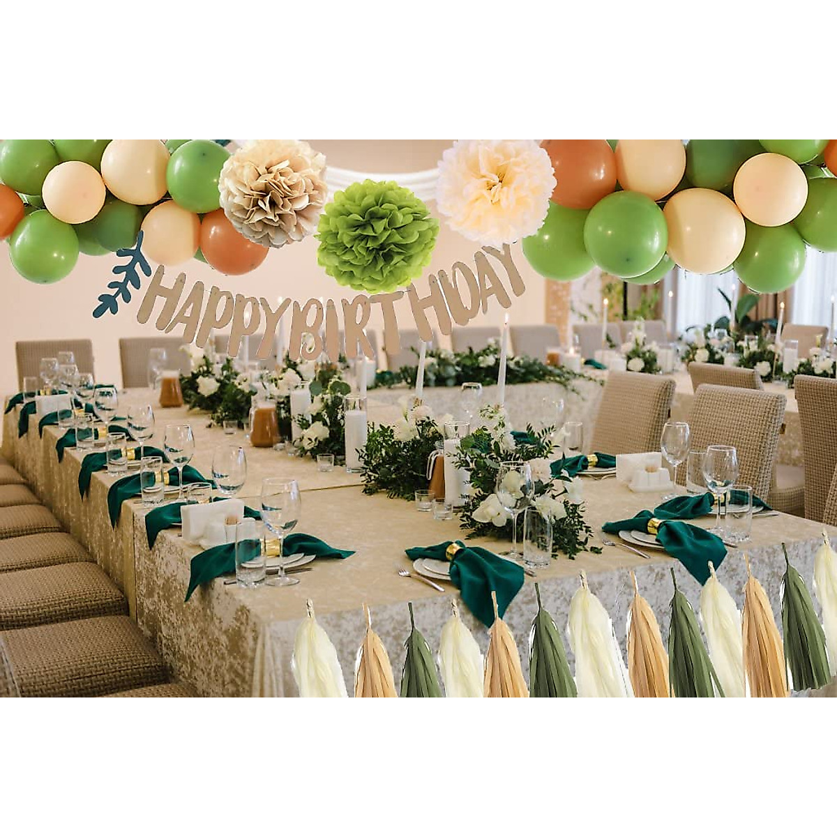 40Pcs Olive Green Tan Brown Cream Balloon Tissue Paper Pom Poms and Tassels Happy Birthday Banner for Eucalyptus Greenery Baby Shower Woodland Jungle Neutral Theme Party Decor