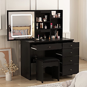Homsee Vanity Desk Set Makeup Table with Large Sliding Lighted Mirror, Dressing Table with 5 Drawers, Storage Shelves & Cushioned Stool for Bedroom, Black