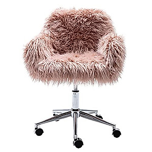 Lamerge Faux Fur Chair,Fluffy Upholstered Padded Seat,Adjustable Seat Height,Swivel Chair with Wheels,Perfect As Makeup Vanity Chair,Office Chair Pink