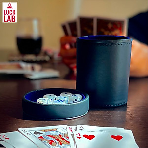 Luck Lab Black Leather Dice Cup with Lid Including 6 Matching Pearl Dice - Blue Velvet Interior for Quiet Shaking - Use for Liars Dice Farkle Yahtzee Board Games, Black