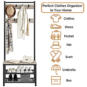 Yaheetech 3-in-1 Hall Tree Coat Rack with Shoe Storage Bench, Entryway Coat Rack Shoe Bench with 9 Movable Hooks, Industrial Accent Furniture with Metal Frame, Easy Assembly, Gray