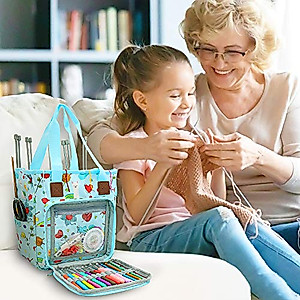 SumDirect Yarn Bag, Knitting Organizer Tote Bag Portable Storage Bag for Yarns, Carrying Projects, Knitting Needles, Crochet Hooks, Manuals and Other Accessories (Cute Blue)