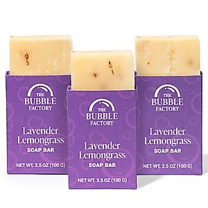 The Bubble Factory Handmade Natural Bath & Body Soap Bar, Vegan, All-Natural, Palm Oil Free, Made in USA with Shea Butter + Essential Oils, Lavender Lemongrass, 3 Bars