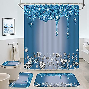 4Pcs Glitter Diamond Shower Curtain Sets Bathroom Set Decor with Non-Slip Rugs Bath U-Shaped Mat Toilet Lid Cover Blue Sliver Shiny Drip Bathroom Curtains Shower Set with 12 Hooks, 70.8×70.8