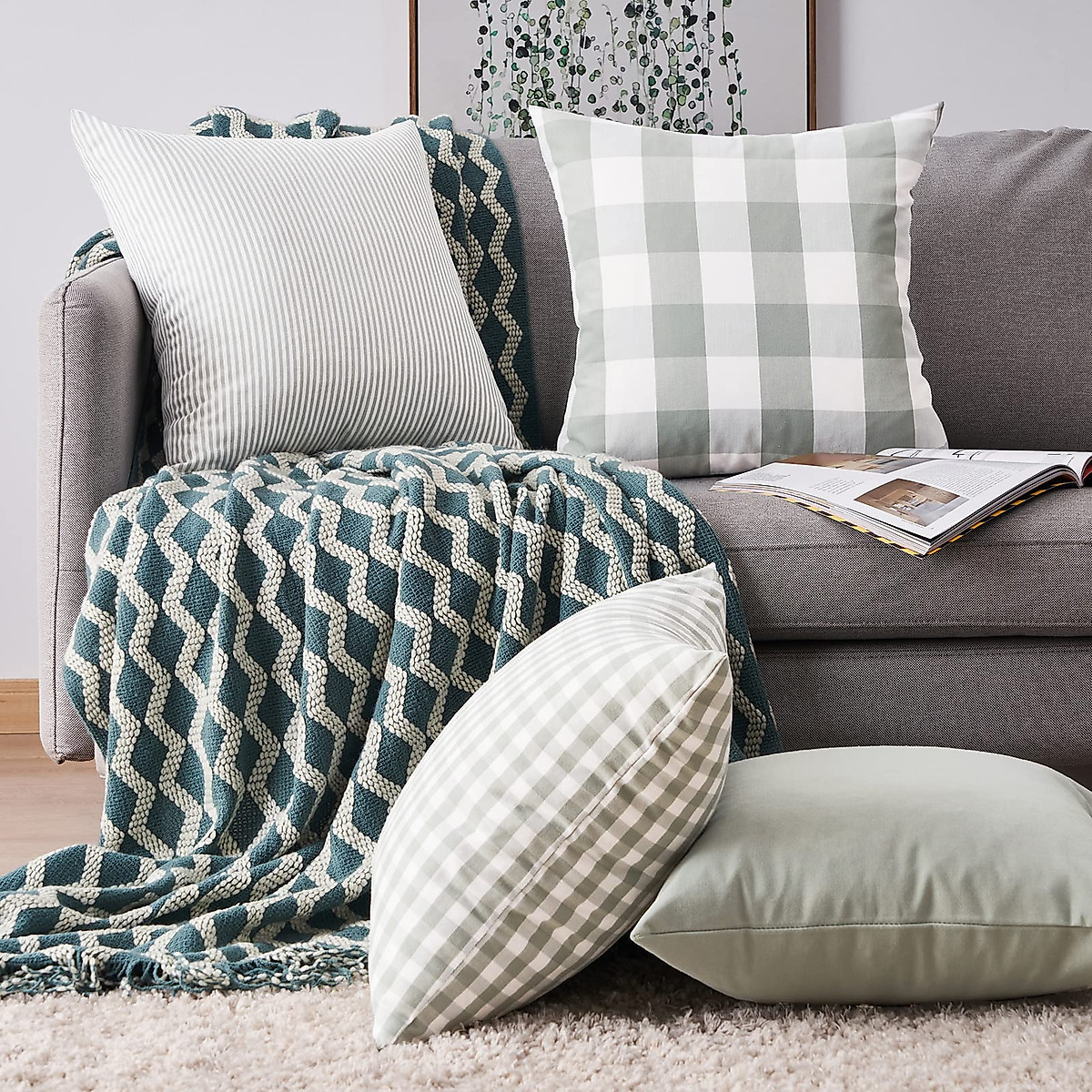 Topfinel Farmhouse Decorative Throw Pillow Covers 18x18inch Set of 4 Spring Green Cushion Case Buffalo Check Plaid Pillow Covers Canvas Striped Pillowcases for Bed Sofa Home Decor, Grey Green