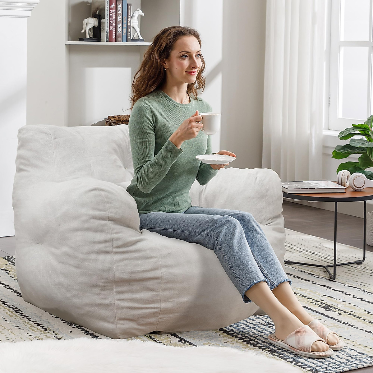 Recaceik Bean Bag Chairs, Soft Cotton Linen Bean Bag Chair with Filler, Fluffy Lazy Sofa, Comfy Cozy BeanBag Chair with Memory Foam for Small Spaces, Bedroom, Living Room, Dorm,Ivory
