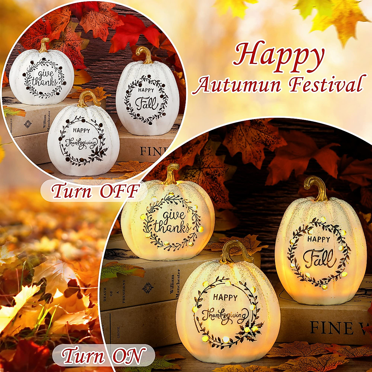 Fovths 3 Pack Happy Fall White Pumpkin Light Tabletop Decor Set Pumpkin Resin with LED Light Autumn Tabletopper Decorations for Fall Harvest Thanksgiving Party Home Table Decorations