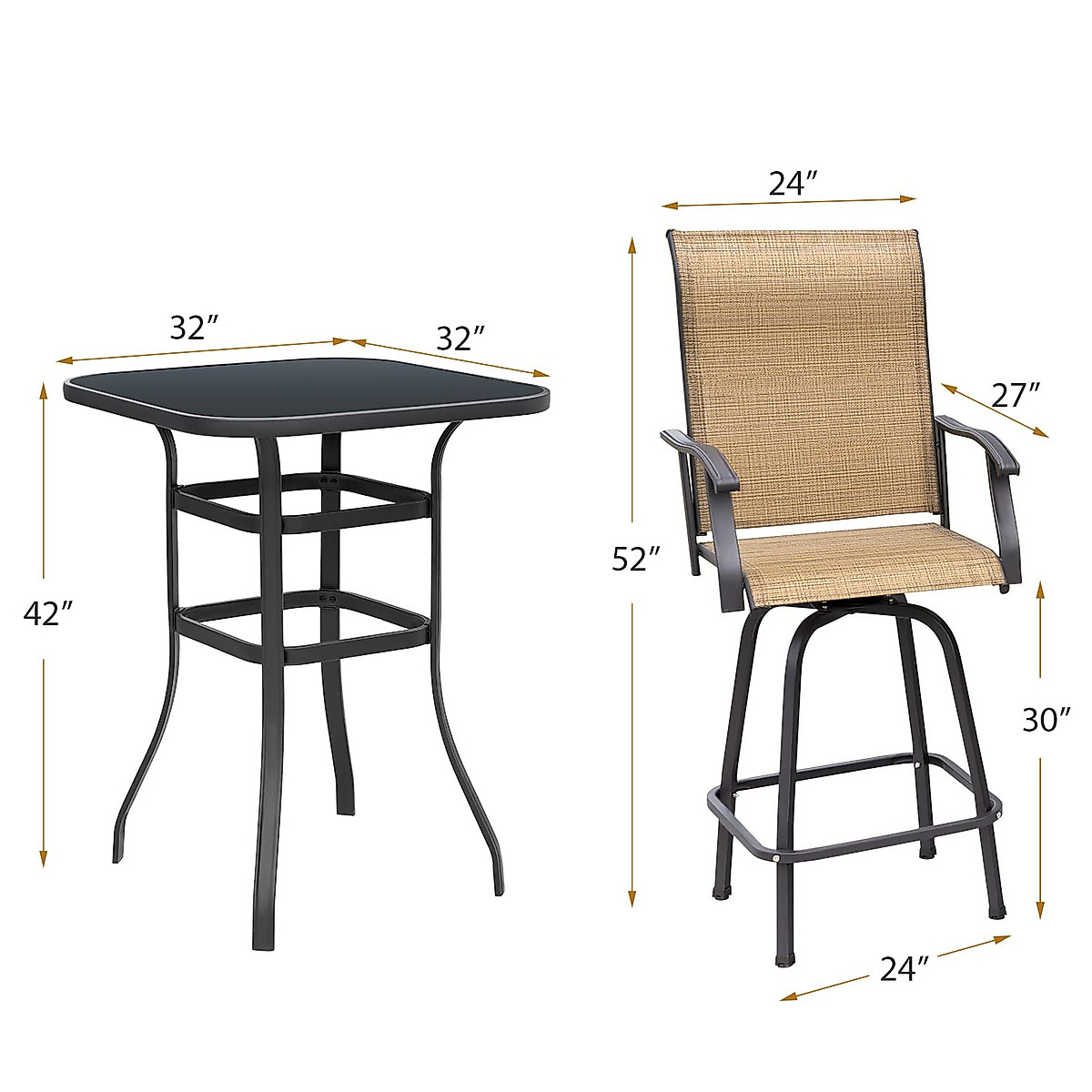 Devoko Patio Swivel Bar Set 3 Pieces Patio High Top Bar Table and Stools Chairs Set Textilene Sling Fabric Outdoor Bar Stools Set of 2 for Garden, Balcony
