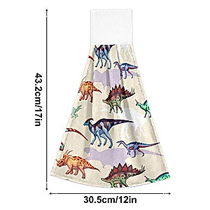 2 Pack Dinosaurs Cute Hanging Kitchen Towel Hand Towels Soft Coral Velvet Loop Dish Towel for Bathroom Washcloth Absorbent Tie Towel