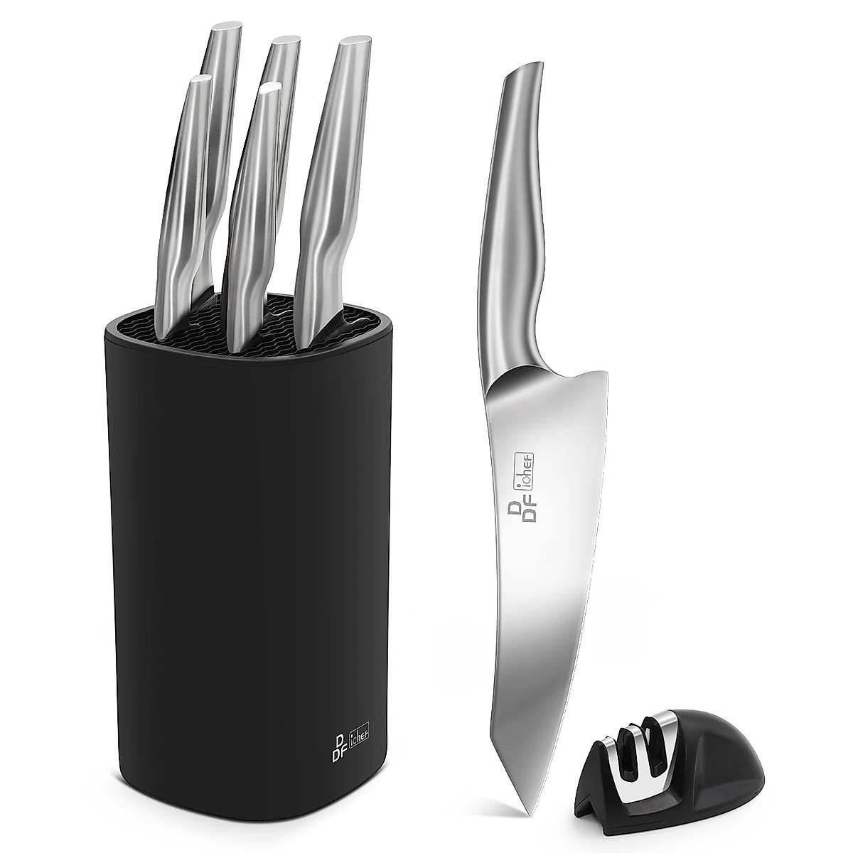DDF iohEF Kitchen Knife Set with Block, 7 Piece Premium High Carbon Stainless Steel Knives Set with Knife Sharpener, Ultra Sharp Knife Block Set
