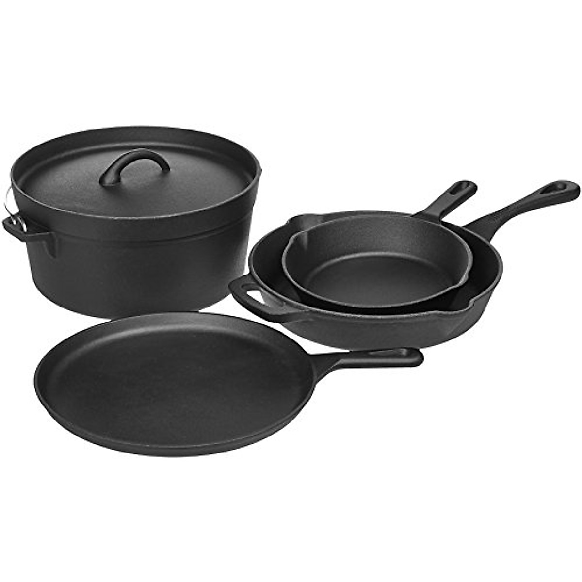 Amazon Basics Pre-Seasoned Cast Iron 5-Piece Kitchen Cookware Set, Pots and Pans, Black, 14.17 x 12.2 x 10.63 in