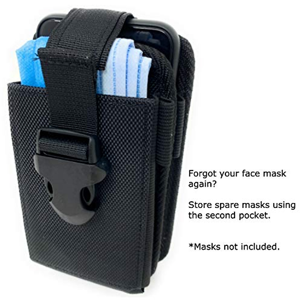 Nylon Dual Pocket Phone Holster. Belt Clip Pouch with Adjustable Quick Release Buckle Closure. Carry Two Phones, Face Mask, Notepad, Insulin Pump, Multi-Tool or Utility Knife.