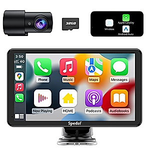Spedal Wireless Apple Carplay & Android Auto, Portable 7 Inch IPS Touchscreen Car Stereo with Front Camera, Bluetooth Handsfree, WiFi, AirPlay, AUX/FM Transmitter Supports Most Car Models