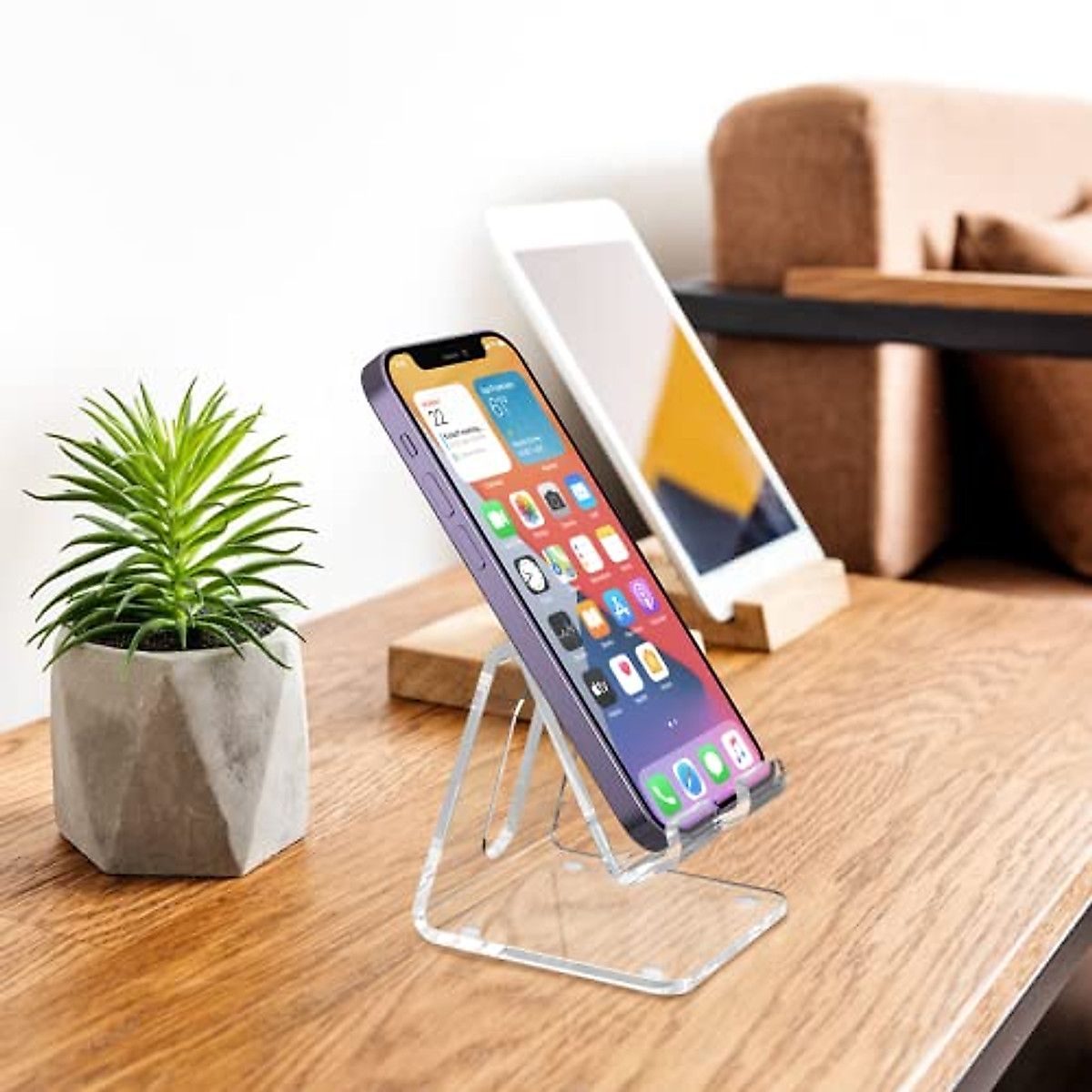 KTRIO Acrylic Cell Phone Stand, Clear Phone Holder, Transparent Phone Stand for Desk Phone Dock Cradle Compatible with iPhone 14 13 Pro Max 12 11 XR, All Smartphones 4-8 inch, Desk Accessories
