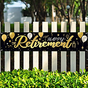 Happy Retirement Banner Horizontal Large Happy Retirement Sign Banner Fabric Retirement Yard Sign Backdrop Background Black Gold Retirement Banner for Retirement Party Photo Booth, 72.8 x 15.7 Inch