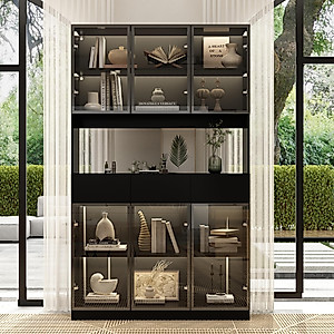 Hitow Glass Door Cabinet with Lights and 8 Storage Shelves, Tall Modern Display Storage Organizer with Hutch, 2 Drawers and 2 Doors, Wooden Bookcase Bookshelf for Living Room, Home Office, Black