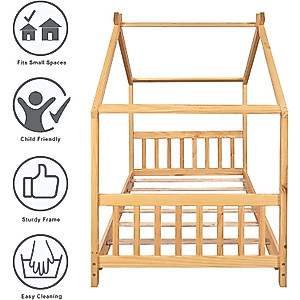 CITYLIGHT Twin House Bed for Kids, House Bed Frame Twin with Headboard and Footboard, Wooden Kids House Bed for Girls, Boys,No Box Spring Needed,Natural