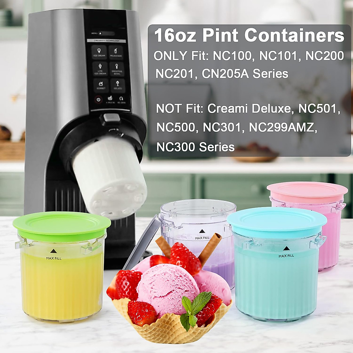 Kaluly for Ninja CREAMi Breeze NC100 NC101 NC200 NC201 Series Pint Containers and Lids 4 Pack, 16oz Pints Cups Replacement for ninja Creamy Ice Cream Maker