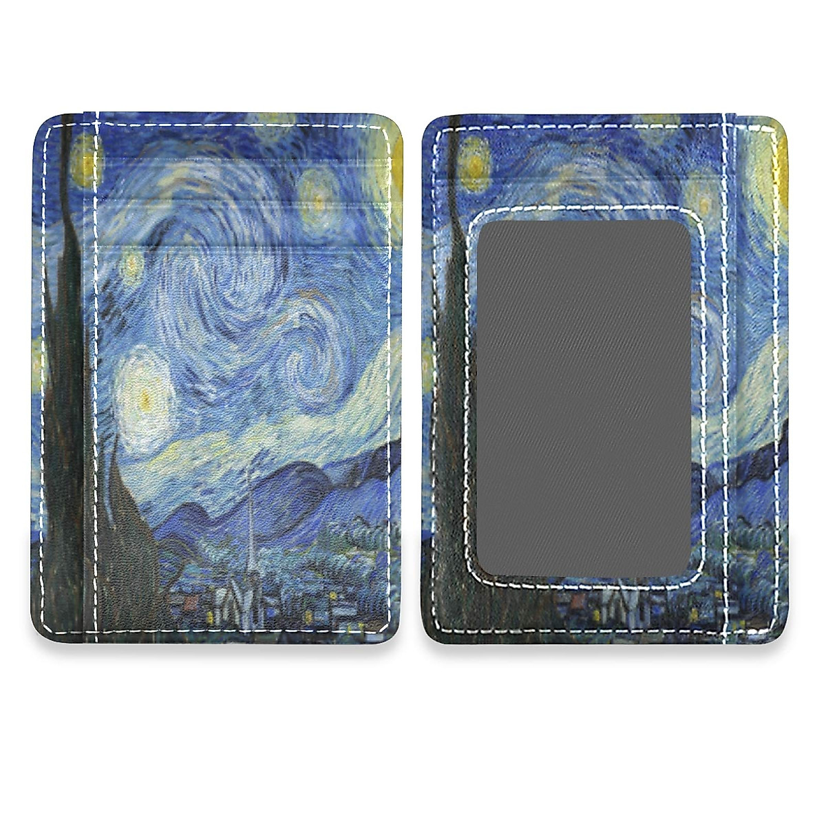 Linomo Thin leather Card Holder and Money Clip Van Gogh Starry Night Art Painting Wallet RFID Blocking for Men & Women