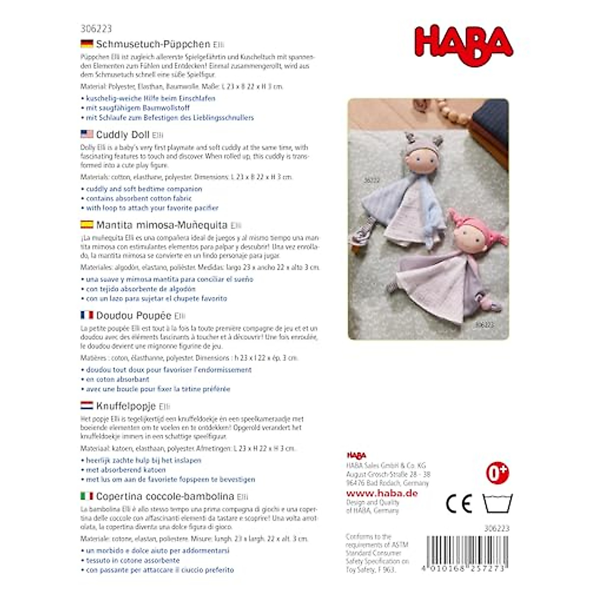 HABA Cuddly Blanket Doll Elli - Soft Lovey Baby Toy for Birth and Up (Machine Washable)