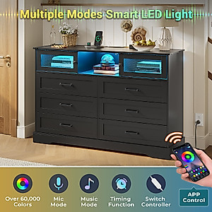 Hasuit 6 Drawers Dresser with LED Lights and Charging Station, Farmhouse Chest of Drawers Closet Organizer, Clothes Storage Cabinet Double Dressers for Bedroom, Living Room, Hallway, Black