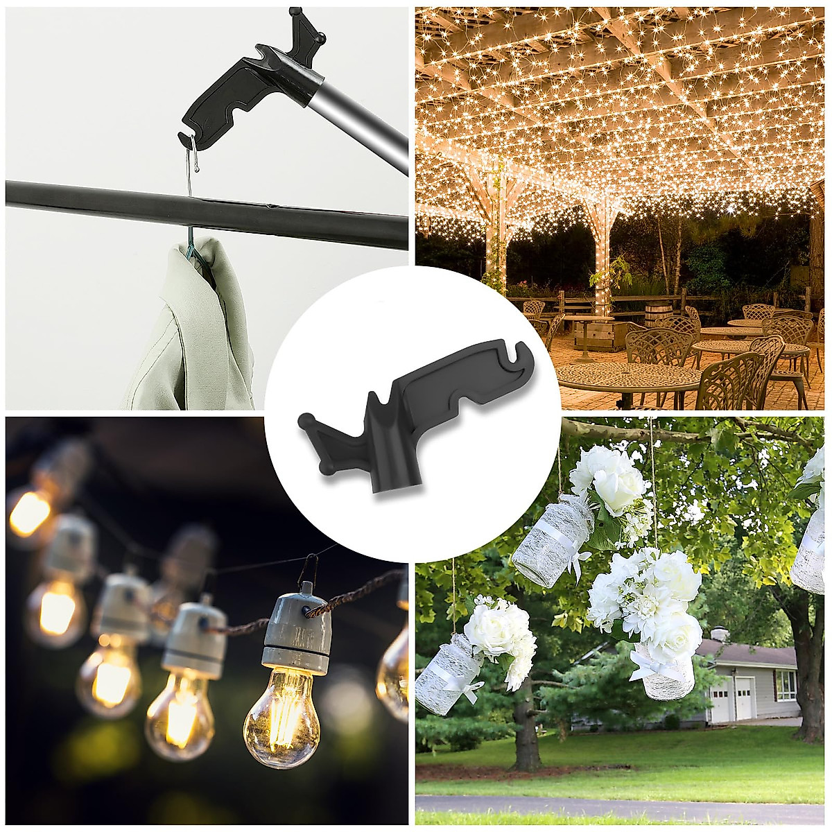 PEUTIER 4pcs Plastic Utility Hook, 3/4 inch Screw on Pole Hook Attachment Multi Purpose Extension Pole Hook for Threaded Poles Hanging Christmas Light Strings Bird Feeders Rope (Black)