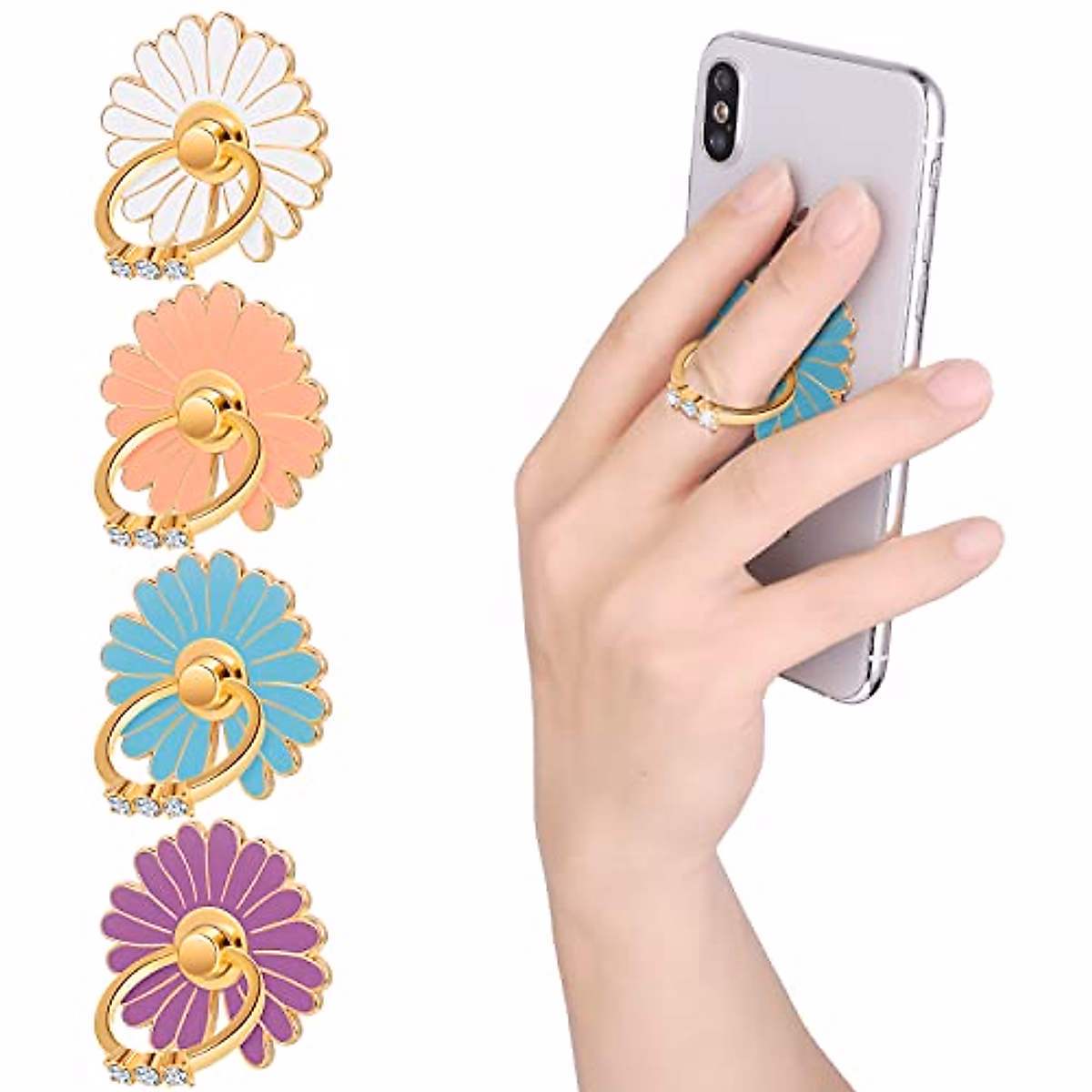 cobee Cell Phone Ring Holders, 4 Pcs Cute Daisy Finger Kickstands Metal Round 180°/360° Rotation Hand Grip with Knob Loop Phone Ring Grips Compatible with Most Smartphones, Tablets