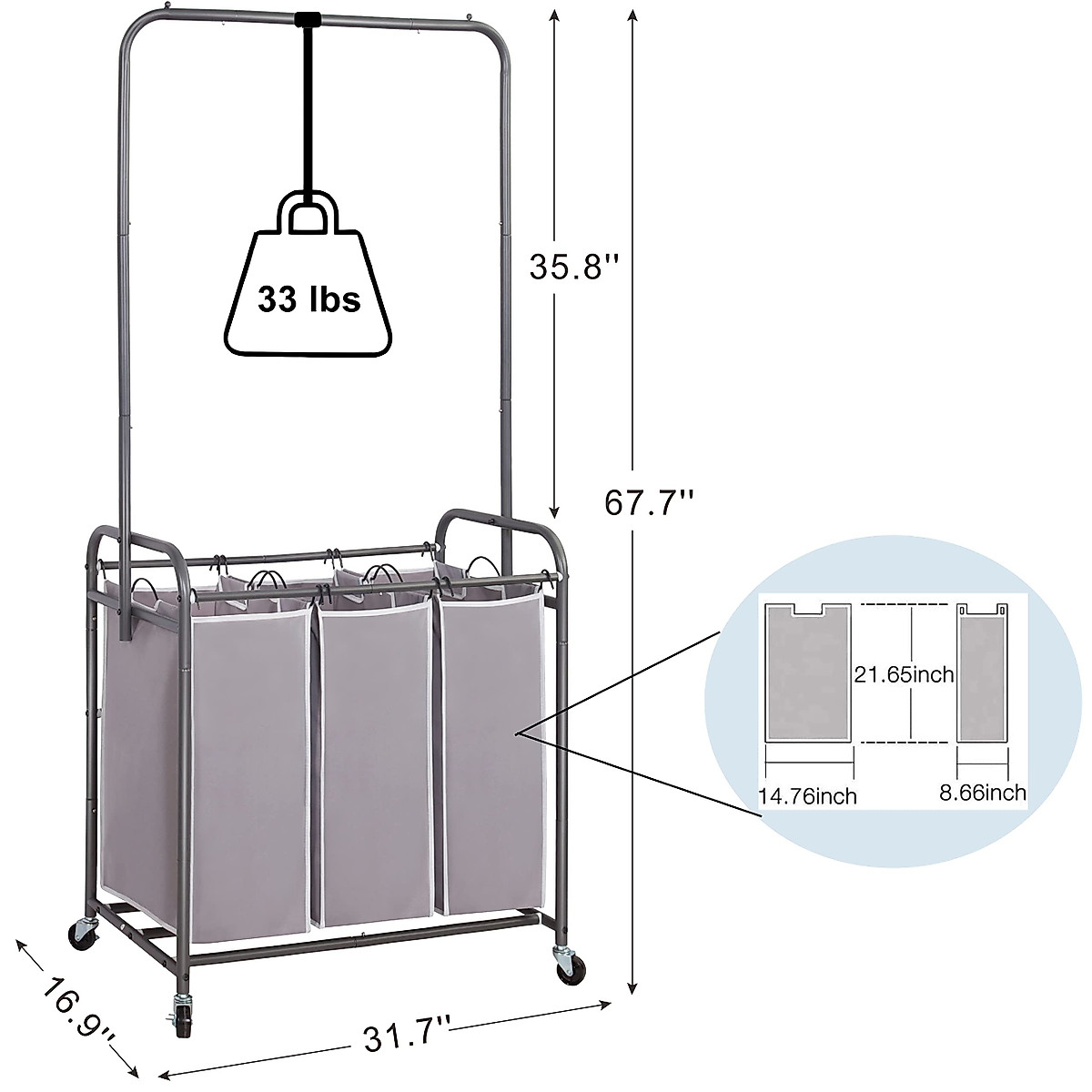 STORAGE MANIAC 136L Laundry Sorter with Hanging Bar, Portable, Removable Laundry Hamper Cart with Heavy Duty Rolling Lockable Wheels and Removable Bags, Rolling Laundry Basket Organizer, 3 Section