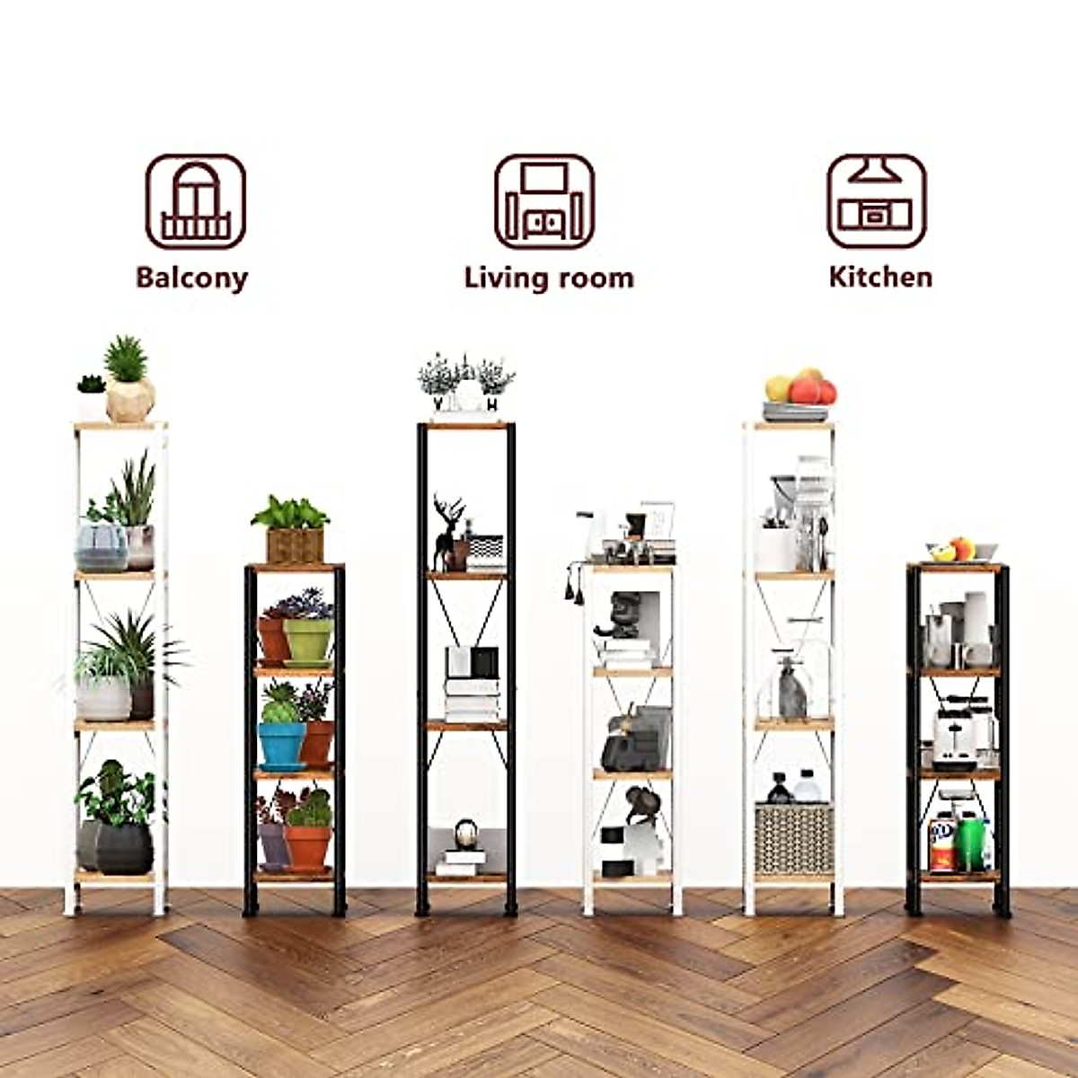 4 Tier Storage Shelves Small Narrow Shelf Unit Metal Shelves Shelf Free Standing Shelf Organisers Modern Shelf Ladder Shelf Bookshelf for Bathroom Kitchen Bedroom Hallway Steel & Wooden Black & Brown