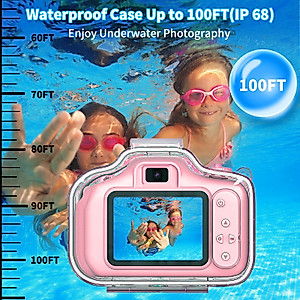 OZMI Kids Waterproof Selfie Camera for Girls, Christmas Birthday Gift for Girls 3 4 5 6 7 8 9 Years Old, Toddler Underwater Sports Camera HD Children Digital Camera 2 Inch Screen with 32GB Card, Pink