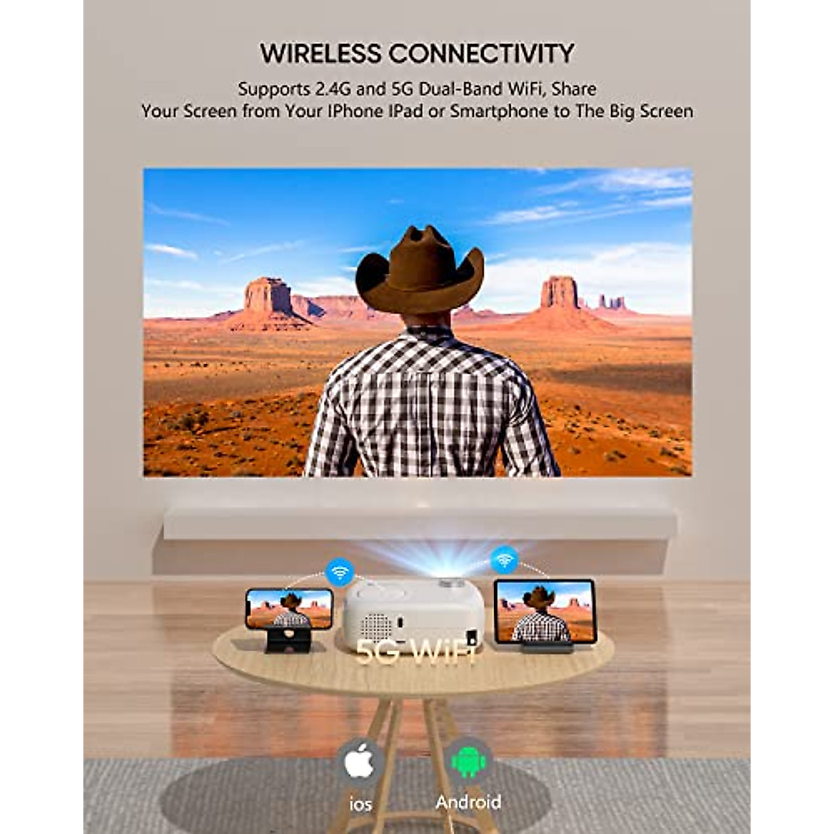 FunFlix Projector with WiFi and Bluetooth, 12000L/1080P Movie Projector Mini Portable Projector 300" Display, Support 4K, Built-in HiFi Speaker, Compatible HDMI/USB/PC/TV Box/iOS & Android Phone