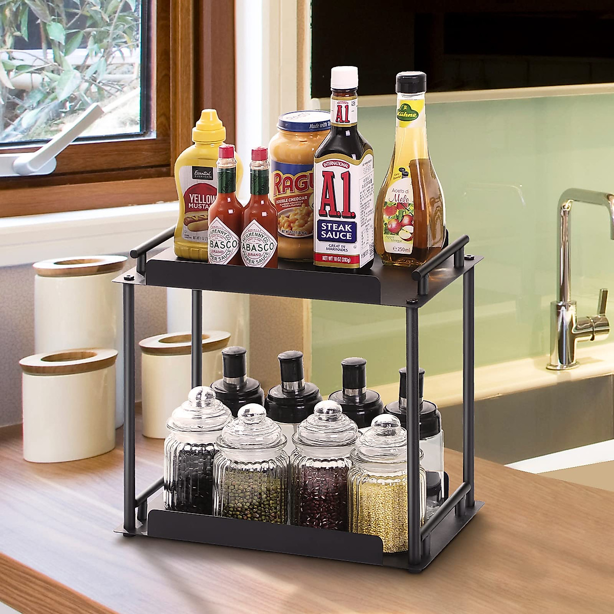 HLWDFLZ 1 Set of 2-Tier Bathroom Countertop Organizer Shelf - Metal Bathroom Counter Storage Tray Cosmetic Storage Rack, Bathroom Kitchen Living Room Standing Rack Black