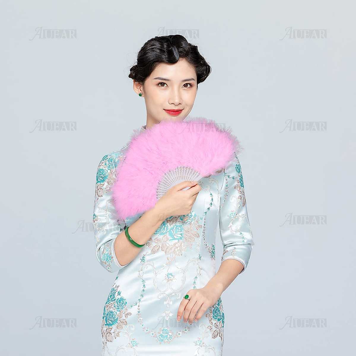 AUEAR, Fashion Hand Fan Flapper 20s Pink Feather Folding Handheld Vintage Style Costume Accessories for Cosplay Dancing Party