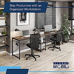 Techni Mobili Office Desk - Reversible L Shaped Desk with Storage Shelves, Monitor Stand & Accessory Holder - Ergonomic & Industrial Workstation Corner Table with Durable Steel Frame, Walnut
