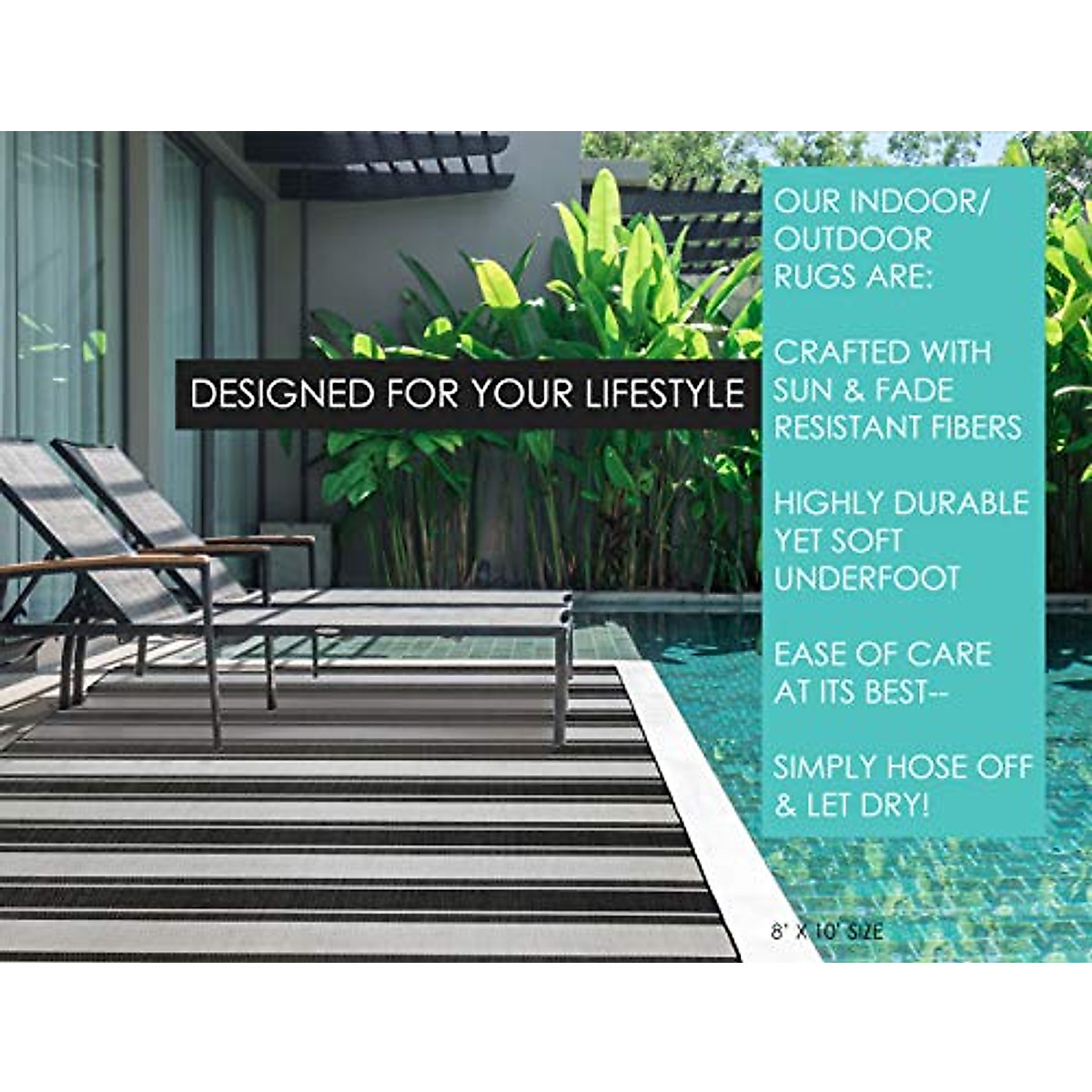 Gertmenian Indoor Outdoor Area Rug, Classic Flatweave, Washable, Stain & UV Resistant Carpet, Deck, Patio, Poolside & Mudroom, 5x7 Ft Standard, Stripes, Black White, 37706