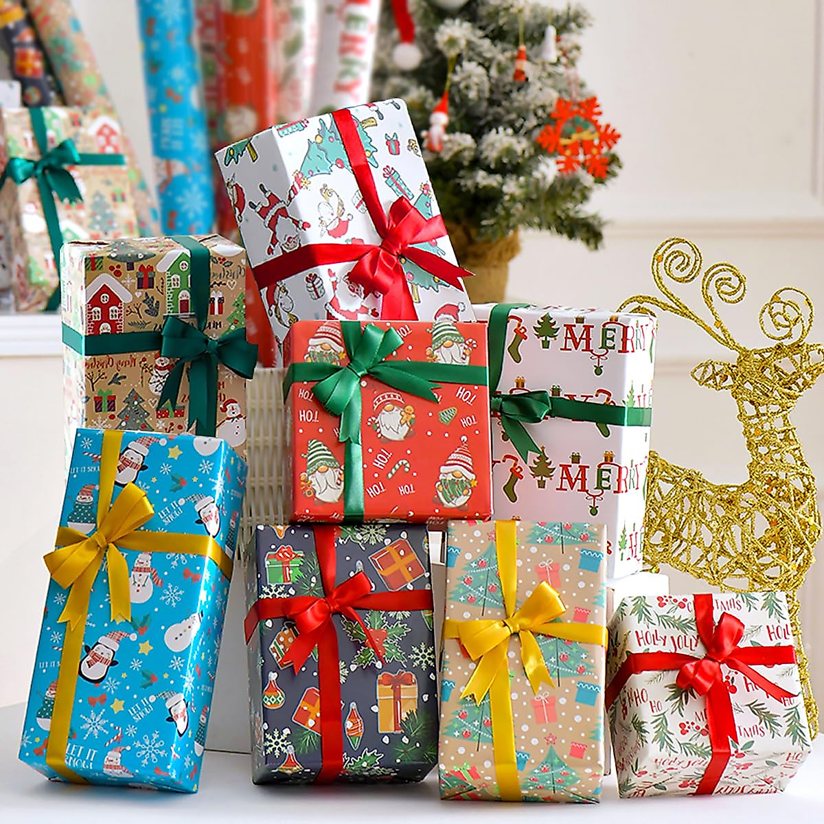 KESTAR Christmas Wrapping Paper, Flat 8 Sheets Christmas Wrapping Paper Set for Kids Women Men, Recycled Gift Wrapping Paper Sheets for Xmas New Year Holiday Party, 20×28inch Each