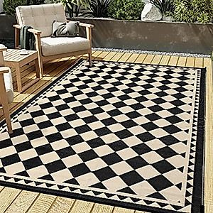 HUGEAR Outdoor Rug for Patios Clearance,Waterproof Mat,Large Outside Carpet,Reversible Plastic Straw Camping Rugs,Rv,Porch,Deck,Camper,Balcony,Backyard (5x8,Checkered/Black&Beige)