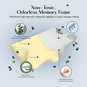 SUTERA - Contour Memory Foam Pillow for Sleeping, Orthopedic Cervical Support for Neck, Shoulder and Back Pain Relief, Ergonomic Pillow for Side, Back and Stomach Sleepers, Washable Cover - White +Bag