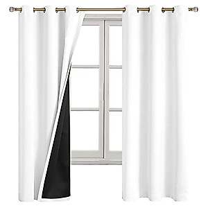 QUEMAS 100% Blackout Curtains for Bedroom 63 inch Length 2 Panels, Full Light Blocking Drapes with Black Liner, Thermal Insulated Grommet Window Curtains for Living Room, Each 42 x 63 Inch, Pure White