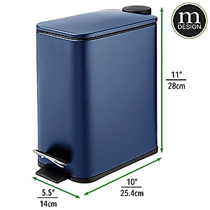 mDesign Slim Metal Rectangle 1.3 Gallon/5 Liter Trash Can with Step Pedal, Easy-Close Lid, Removable Liner - Narrow Wastebasket Garbage Container Bin for Bathroom, Bedroom, Kitchen - Navy Blue