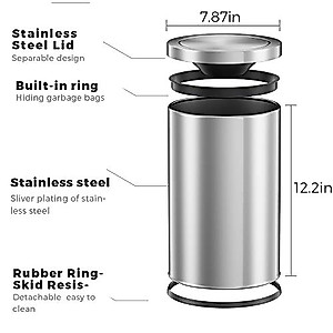 Trash Can with Flipping Lid, 9 L,Trash can with lid，Stainless Steel Trash can,Bathroom Garbage can.Bathroom.Kitchen. Metallic Sliver