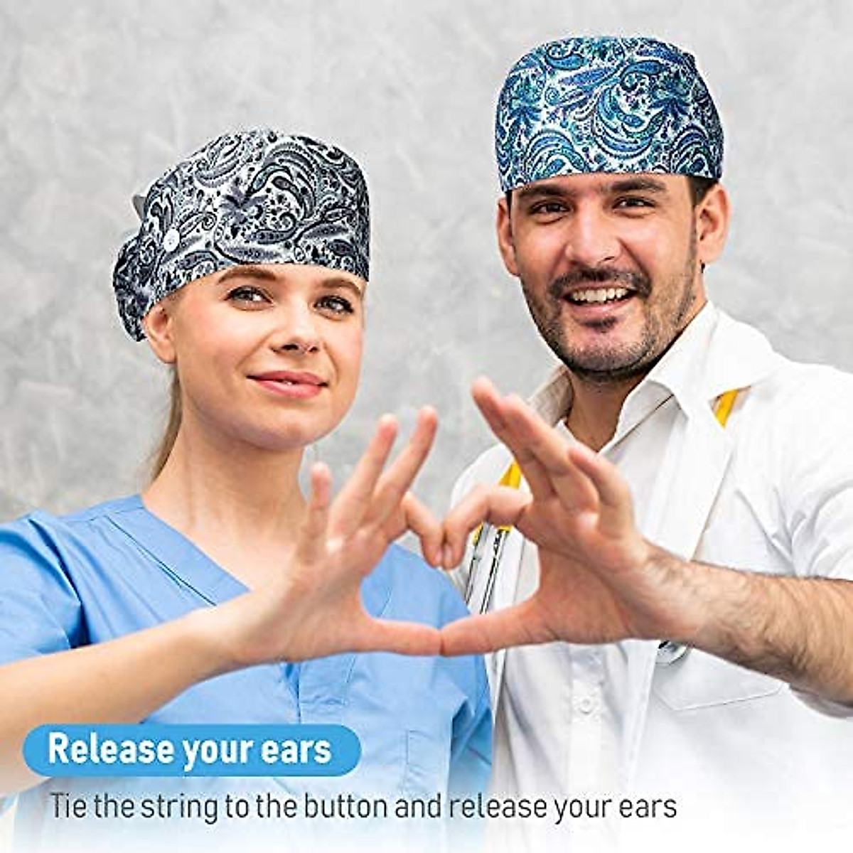 Geyoga 3 Pieces Adjustable Bouffant Hats with Buttons, Tie Back Hats with Sweatband for Women Men