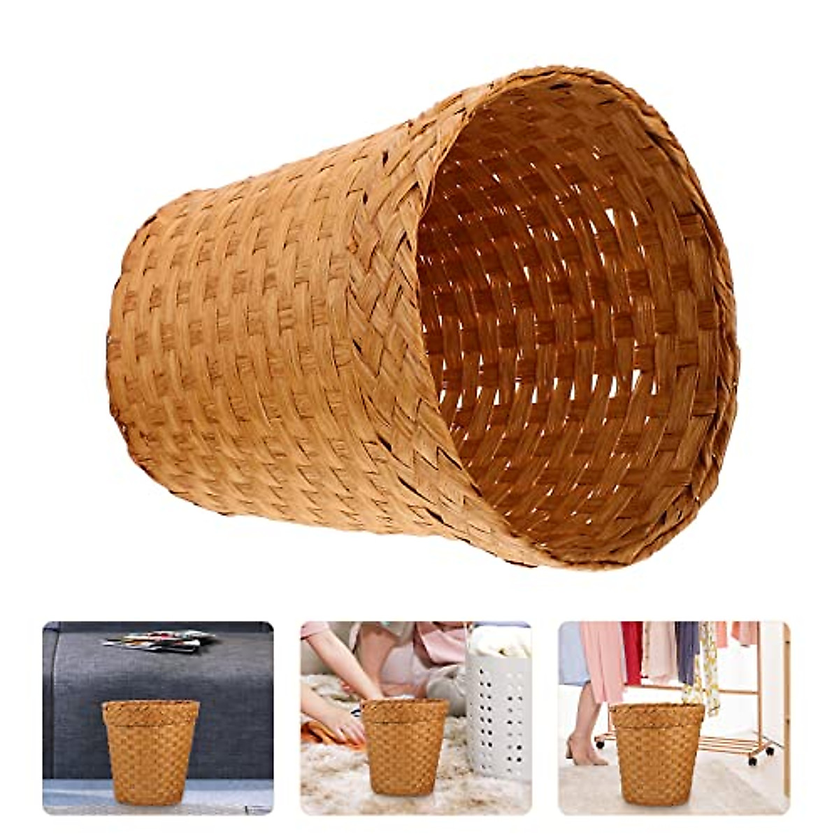 DOITOOL Woven Basket Waste Basket Woven- Small Natural Paper Wicker Laundry Baskets- Bathroom Trash Can Kitchen Trash Can for Home Offices Laundry Garages Atelier （ Khaki ） Seagrass Basket