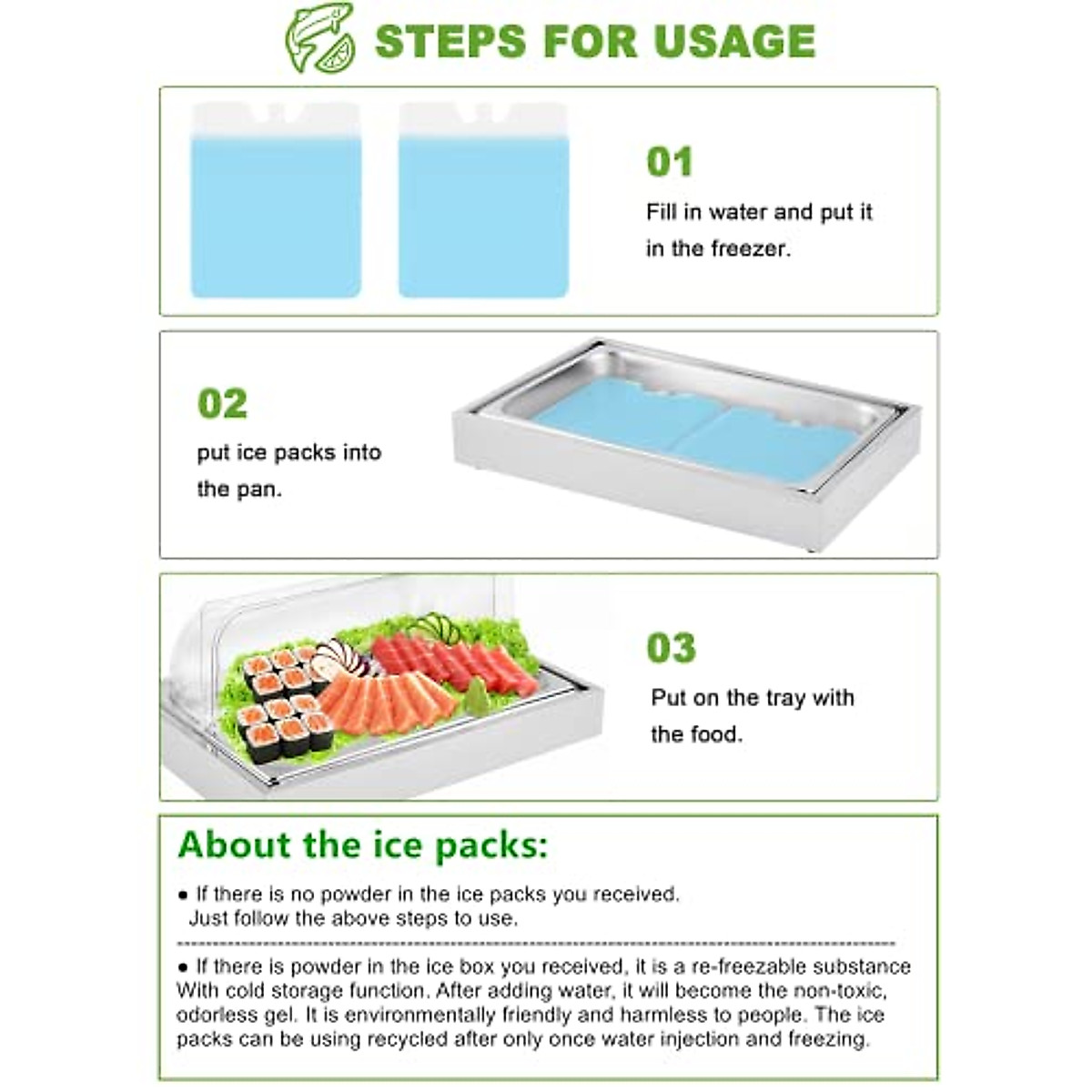 YMJOINMX Ice Food Serving Display Tray with Clear Roll Top Cover Buffet Cold Serving Cooler Platter w/ 2 Ice Packs Cooling Food Dishes Display Plate Case with Lid for Seafood Fruit Party Buffet Tray