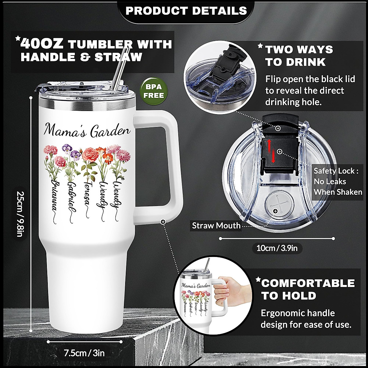 BMYDIY Mothers Day Birthday Gift for Mom Grandma, Personalized 40 Oz Tumbler with Handle and Straw, Customizable Extra Large Stainless Steel Insulated Cup Coffee Mug Travel Mug with Name Birth Flower