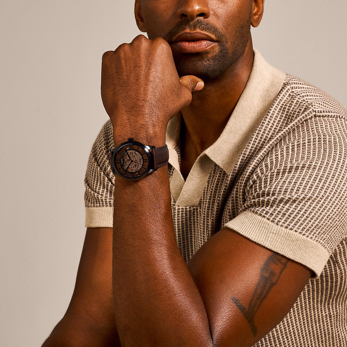 Fossil Men's Townsman Automatic Stainless Steel and Leather Three-Hand Skeleton Watch, Color: Black, Cognac (Model: ME3098)