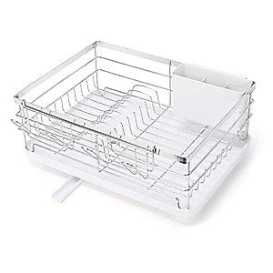 Fogein Dish Drying Rack, Stainless Steel Dish Drainer with Utensil Holder Removable Drainer Tray for Kitchen Countertop, Silver