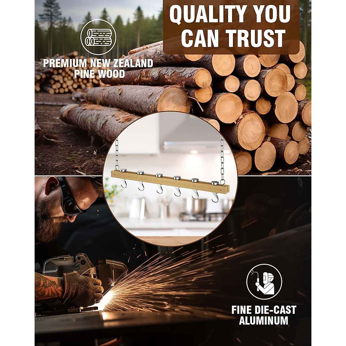 Cooks Standard NC-00269 Standard, Single Bar, 36-Inch Ceiling Mounted Wooden Pot Rack, Brown